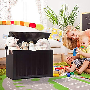 Costzon Wooden Toy Box, Toy Chest & Storage Organizer with Flip-Top Lid & Finger-Pinch Prevention, Corner Toy Cabinet with Handles, Large Toy Bench Storage for Kids Play Room, Daycare (Coffee)