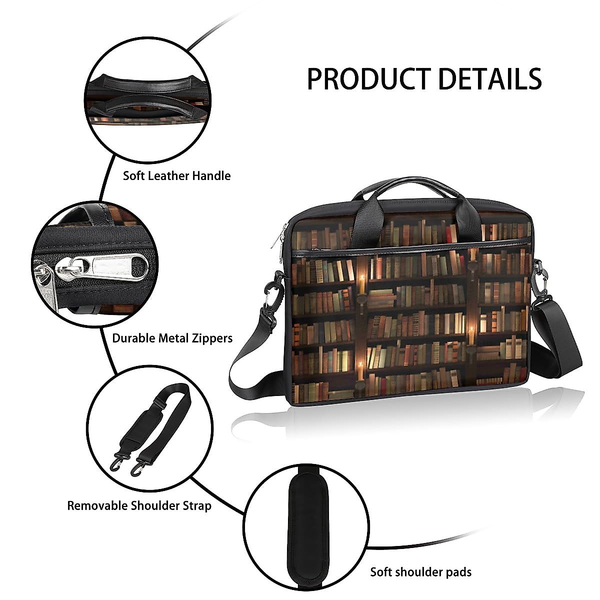 Vintage Bookshelf Laptop Computer Bag Waterproof Shoulder Messenger Bag 13-15 inch Durable Laptop Tote Bag with Shoulder Strap Handle Lightweight Crossbody Briefcase