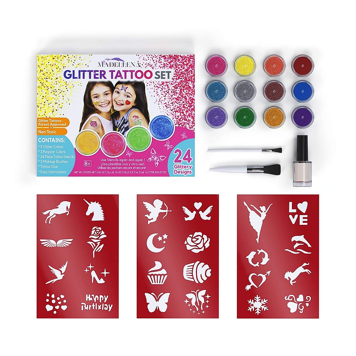 Temporary Glitter Tattoos Kit for Girls, 33 Pieces, Arts & Crafts for Girls, Great Gifts For Girls