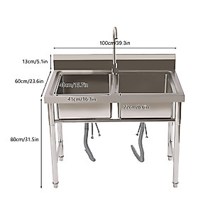 Commercial Stainless Steel Sink with 2 Compartments,Freestanding Restaurant Sink Station,Kitchen Prep & Utility Sink for Home Garage Bar Restaurant Laundry (2 Compartment 39.3" L × 23.6" W × 31.5" H)