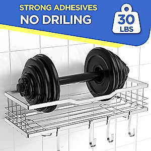 HBlife Self Adhesive Shower Shelves, 2 Pack Shower Caddy with 4 Hooks and Soap Holder, Rustproof Stainless Steel Shower Organizer