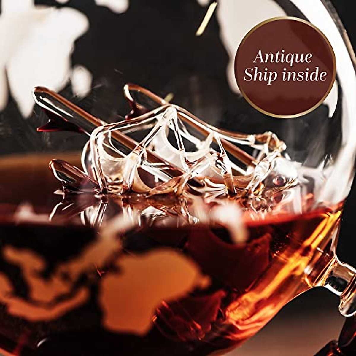 Kemstood Globe Whiskey Decanter Set - Etched World Design with Wooden Base & 4 Glass - Ideal for Dignified Drinking, Home Decor - Unique Whiskey Gifts for Men, Father - 850ml Capacity for Long Storage