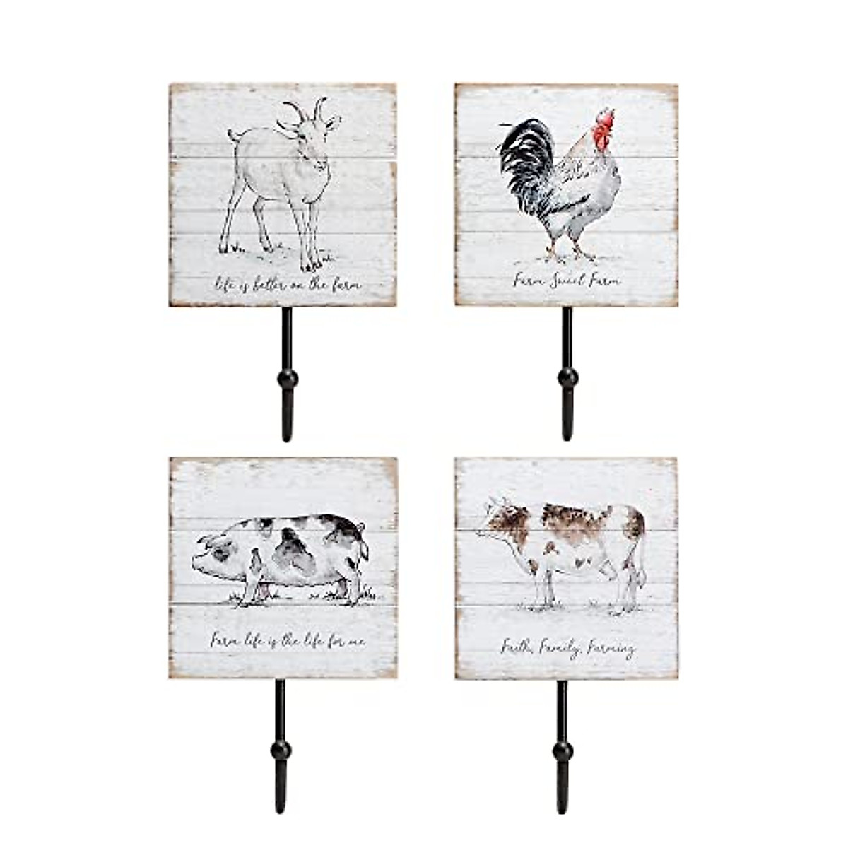 SOFFEE DESIGN Set of 4 Vintage Farmhouse Wall Hooks, with Shabby Craft Farm Animals Goat Rooster Pig Cow Printing, Heavy Duty Hanger Hooks Wall Mounted Hanging Rack Hooks