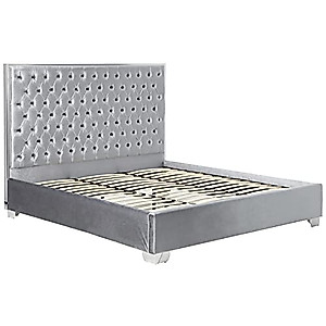 Meridian Furniture Lexi Collection Modern | Contemporary Velvet Upholstered Bed with Deep Tufting, Polished Chrome Stainless Steel Frame and Legs, King, Grey