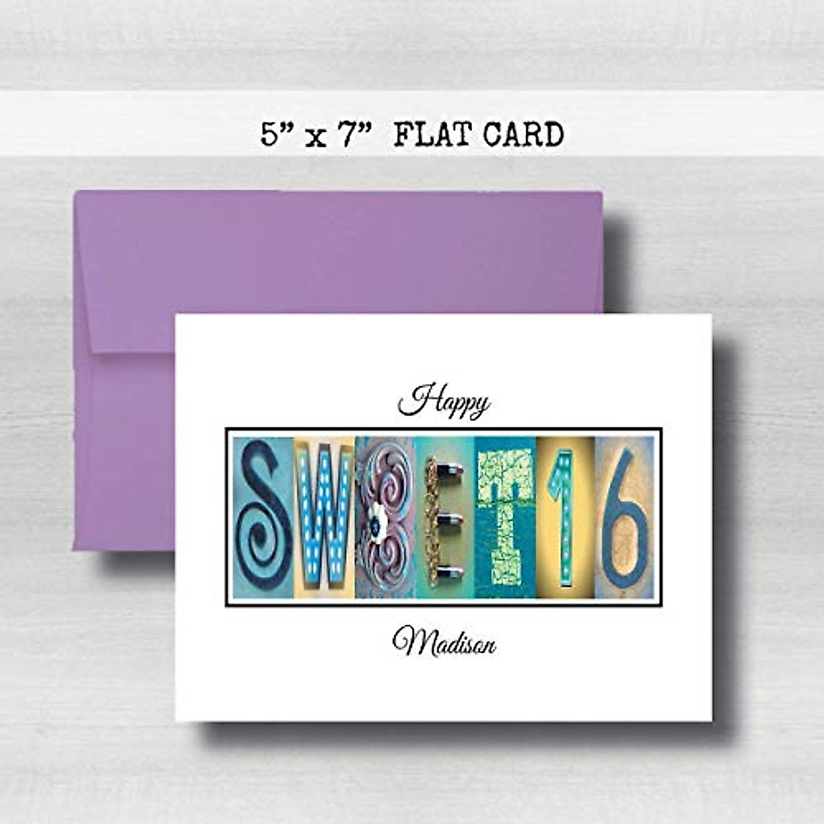 Personalized Sweet 16 Happy Birthday Card, 5" x 7" FLAT CARD, Milestone Greeting Cards