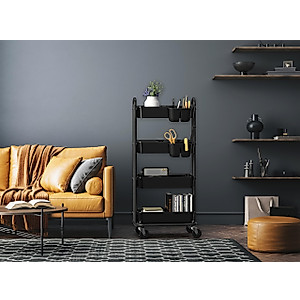 Simple Houseware 4-Tier Multifunctional Rolling Utility Cart with Hanging Buckets, Black