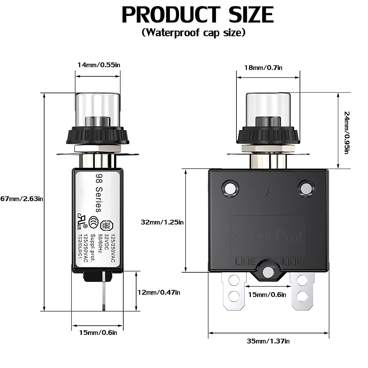 Thermal Circuit Breaker, DIYhz 20 Amp Push Button Manual Reset Circuit Breaker with Quick Connect Terminals and Waterproof Button Transparent Cap 32V DC 125/250VAC 50/60Hz