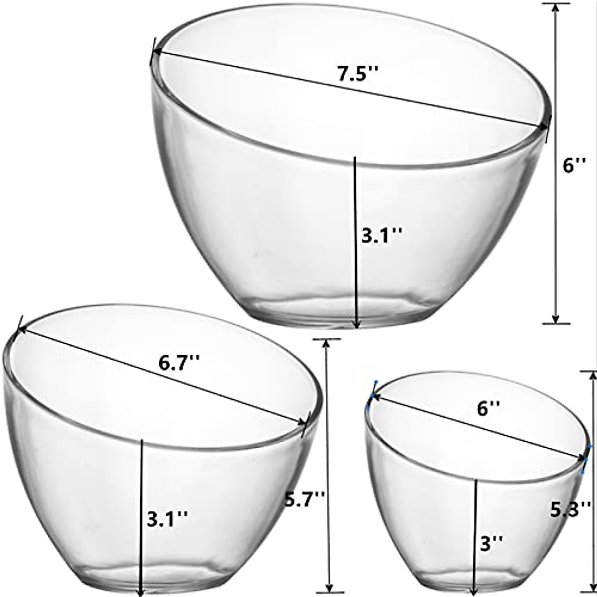 Lyellfe 3 Pack Angled Plastic Bowls, Clear Salad Serving Bowls, Thick Acrylic Candy Bowls for Parties in Assorted Sizes, Snack Bowl for Pasta, Candy, Chips, Fruit, Prep