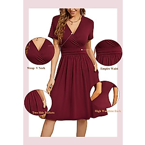 WEACZZY Women Summer Casual Short Sleeve Dresses Empire Waist Dress with Pockets,White Dot Red,S