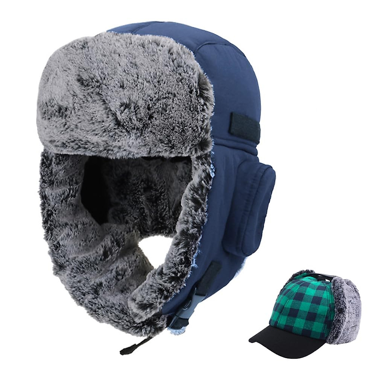 Winter Warm Trapper Hat for Men Ear Flap Buffalo Plaid Elmer Fudd Tweed Baseball hat with Brim Visor Blue