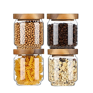 Homtop Glass Storage Containers Set of 4, 15 FL OZ High Borosilicate Glass Jars Kitchen Food Canisters with Acacia Wood Lids for Coffee Beans/Sugar/Tea/Nuts