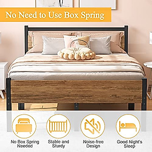 Musen Wood Bed Frames Full Size with Headboard 12.4 Inch Metal Platform Bed Frame with Storage Sturdy Non-Slip Without Noise No Box Spring Needed Black & Rustic Brown