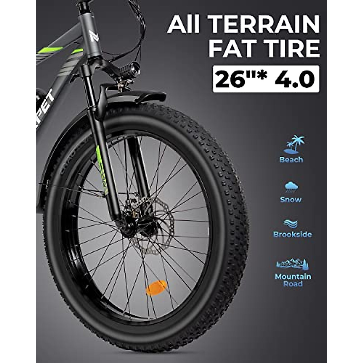 Mukkpet Suburban Electric Bike for Adults 500W Electric Mountain Bikes 26'' * 4.0 All Terrain Tire Electric Bicycle 48V 13AH BMS Removable Lithium Battery Shimano 7-Speed Electric Bike