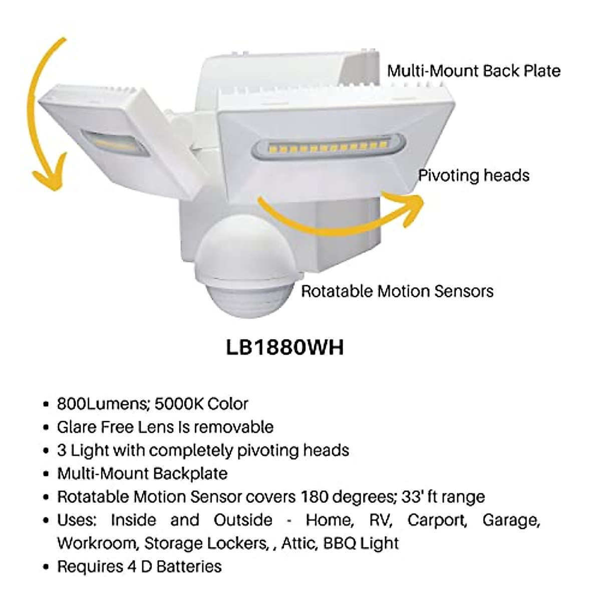 IQ America LB1880WH Motion Security Flood Light, Battery Operated Motion Sensor, 800 Lumen LED, Wall or Eave Soffitt Universal Mount Indoor Outdoor Closet Shed Attic Workshop Garage Grill Light WH