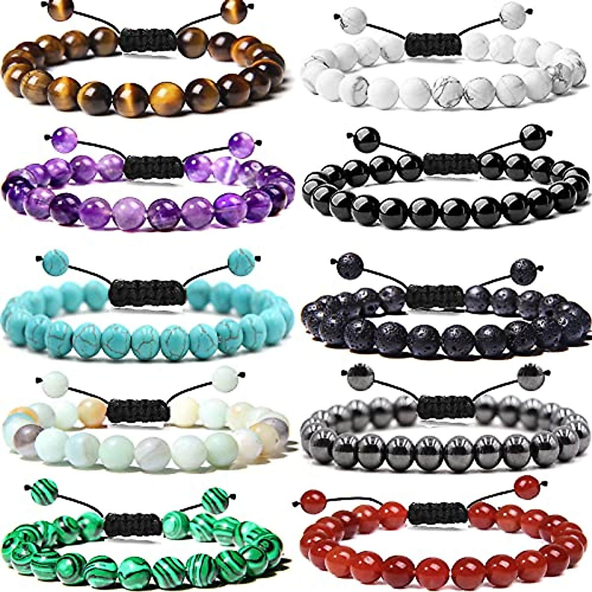JEWPARK 10 PCS 8mm Semi-Precious Gemstone Bracelet Set Healing Crystal Stone Bracelets for Men Women Round Beaded Adjustable Macrame Bracelets