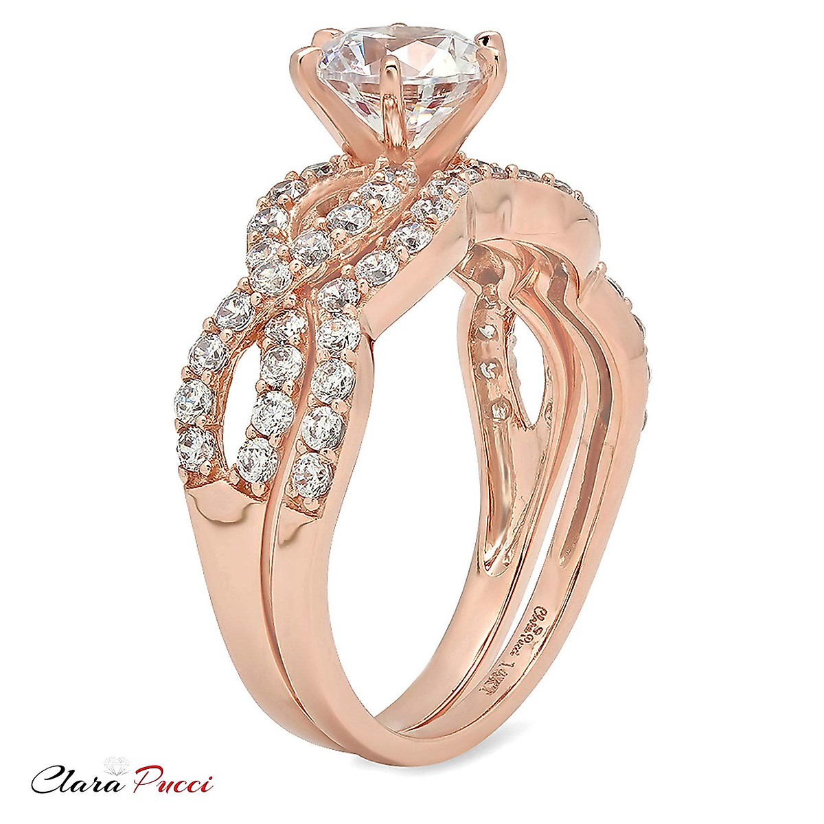 1.52 ct Round Cut Clear Simulated Diamond 14k Rose Gold Solitaire W/Accents Wedding Engagement Bridal Ring Band Set Sz 7