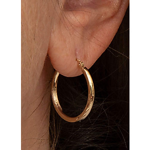 Small 14k Yellow Gold Diamond Cut Hoop Earrings with Click-down Clasp, (2mm Tube) (3/4 inch - 20mm)