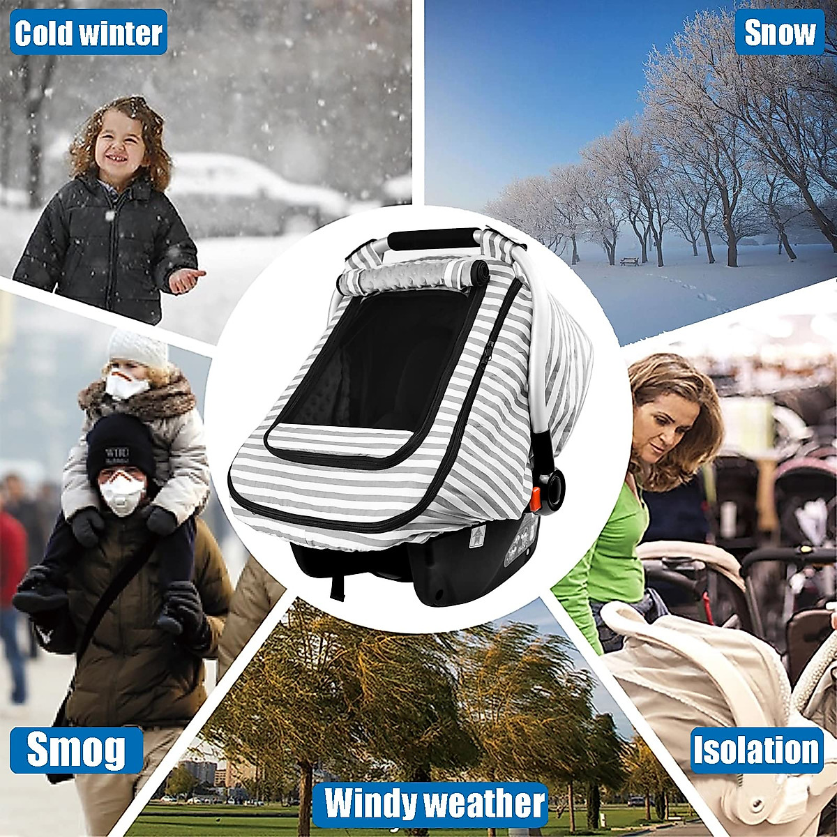 Car Seat Covers for Babies,Baby Car Seat Cover for Boys Girls,Windproof Infant Carseat Cover,Kick-Proof Car Seat Canopy with Breathable Mesh Peep Window,Stripe Print