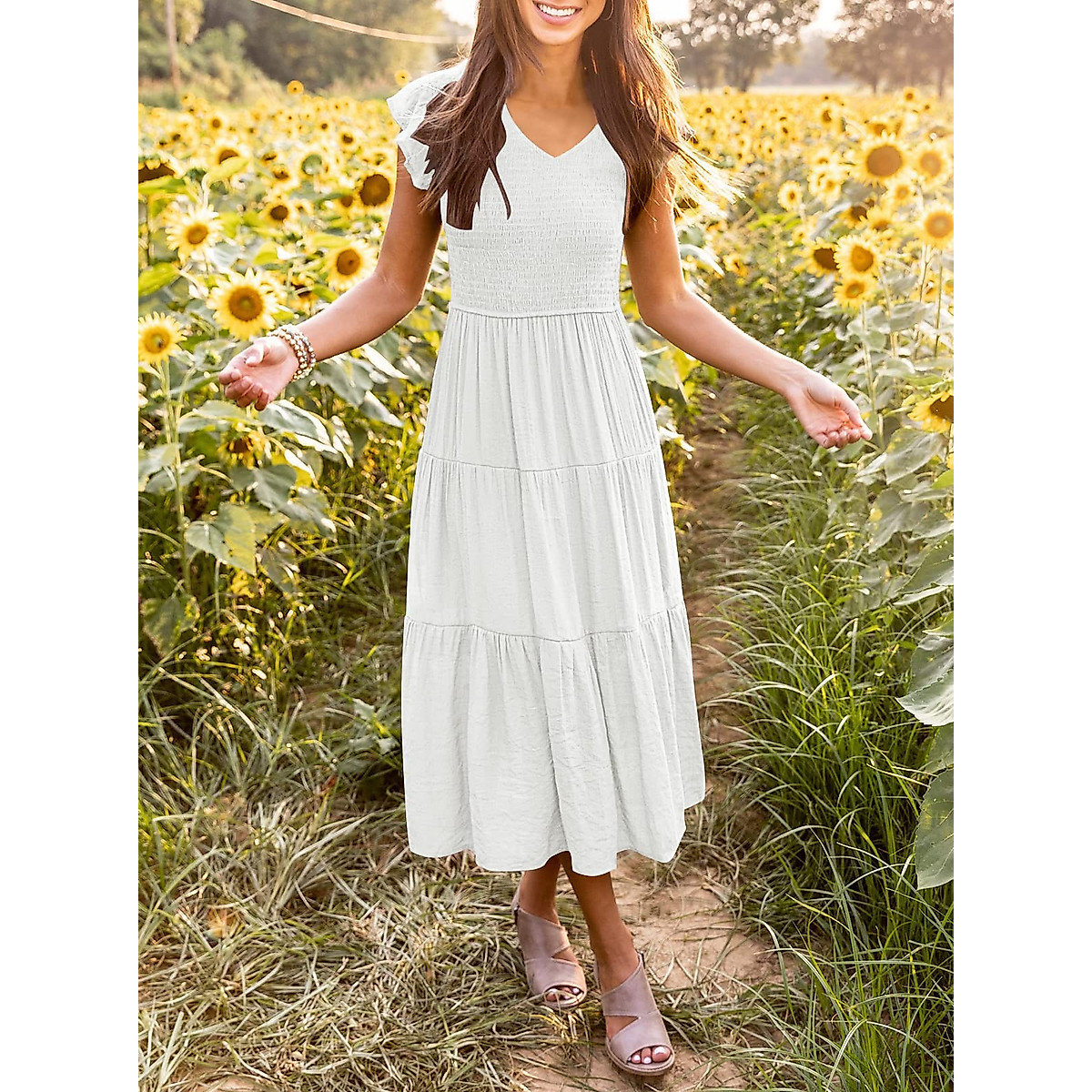 MEROKEETY Women's 2025 Summer Smocked V Neck Tiered Swing Long Midi Dress with Pockets, White, M