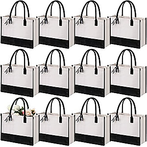 Reginary 12 Pack Burlap Tote Bags Bulk, White Black Large Burlap Tote Bags with Handles, Jute Tote Gift Bags, Blank Tote Bags for Women Shopping DIY Beach Bridesmaid Wedding, 15.8 x 11.8 x 6.7 Inches