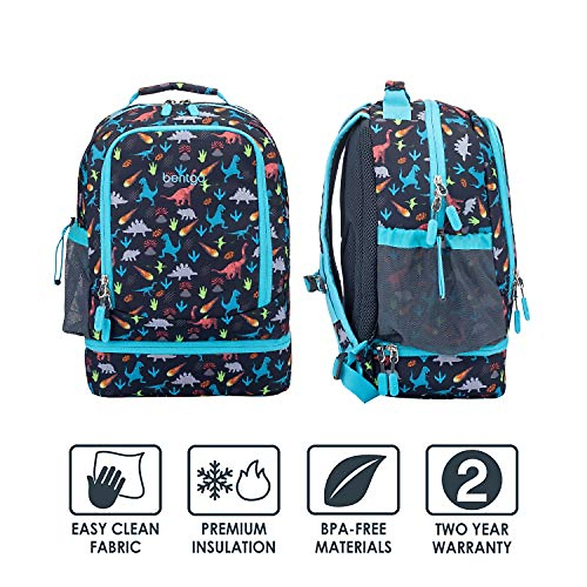 Bentgo® Kids Prints 2-in-1 Backpack & Insulated Lunch Bag - Durable, Lightweight, Colorful Prints for Girls & Boys, Water-Resistant Fabric, Padded Straps & Back, Large Compartments (Dinosaur)