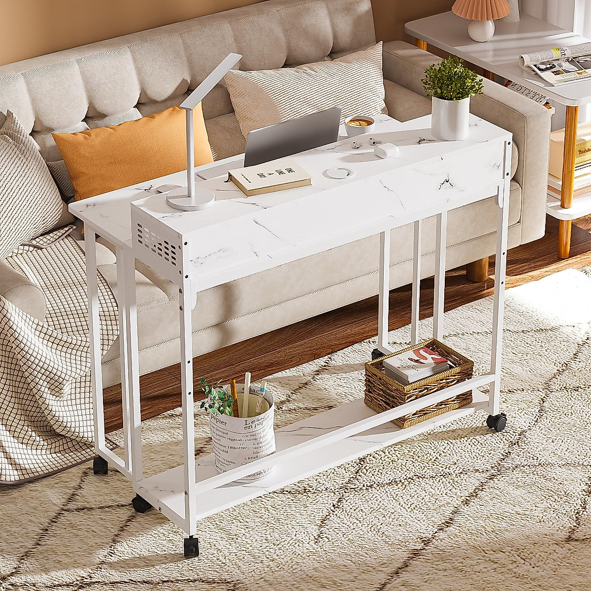 Gezen Folding Desk with Double Storage Shelves, Small Rolling Desk with Wheels for Living Room Bedroom, Mobile Computer Desk Portable Laptop PC Desk Writing Table for Small Space, 31.5", White Marble