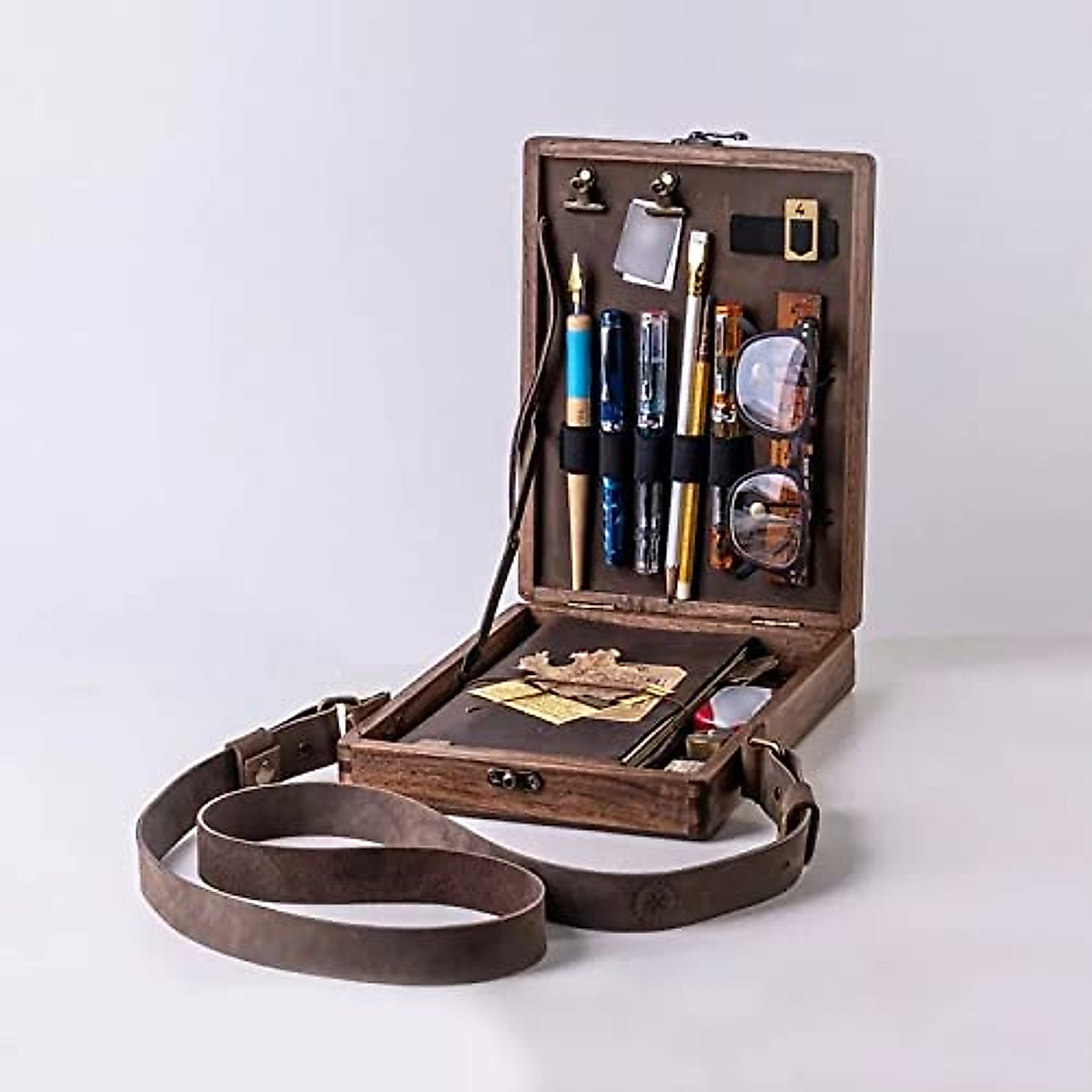 EUKK Writers Messenger, Multi-Function Artist Tool and Brush Storage Retro Wooden Handmade Portable Crossbody Postman Bag, Carry-on Box with Lid for Anyone That Loves Writing