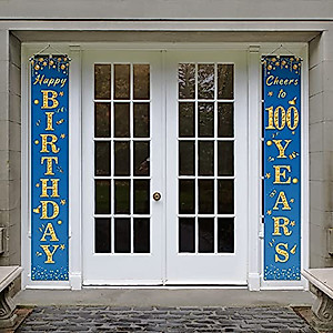 Happy 100th Birthday Porch Sign Banner Decor Blue – Cheers to 100 Years Old Party Theme Decorations for Men Women Supplies