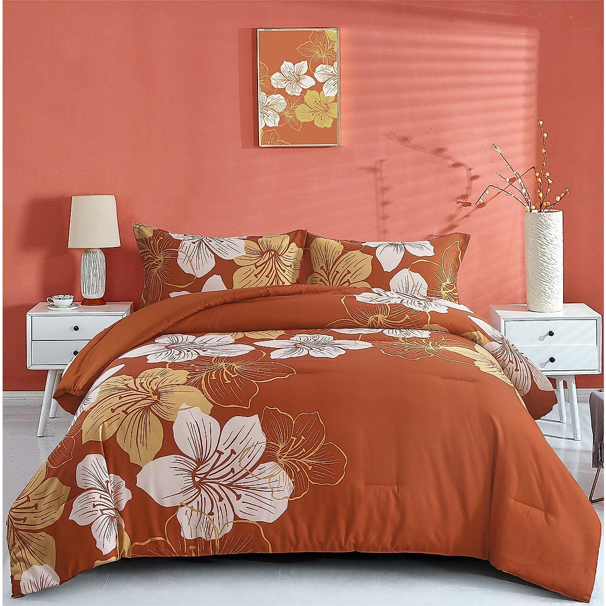 Menghomeus Terracotta Comforter Set King Gold Floral Bedding Burnt Orange Botanical Bedding Sets Lightweight Thanksgiving Bed Comforter Set (1 Comforter, 2 Pillowcases)