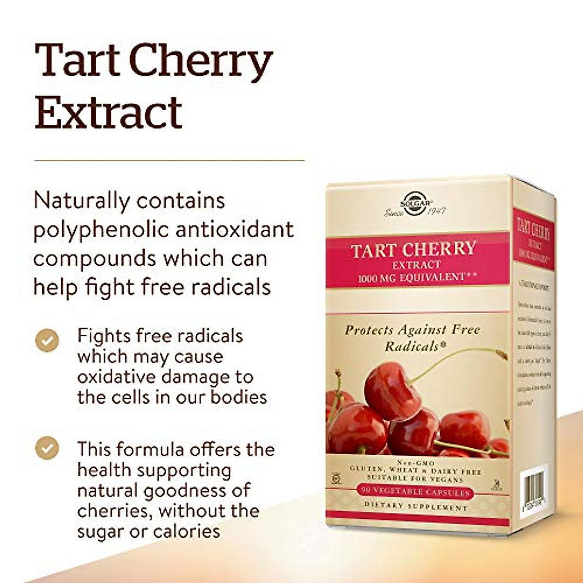 Solgar Tart Cherry 1000 mg, 90 Vegetable Capsules - Antioxidant with Quercetin, Chlorogenic Acid & Anthocyanins Compounds - Non GMO, Vegan, Gluten Free, Dairy Free - 90 Servings