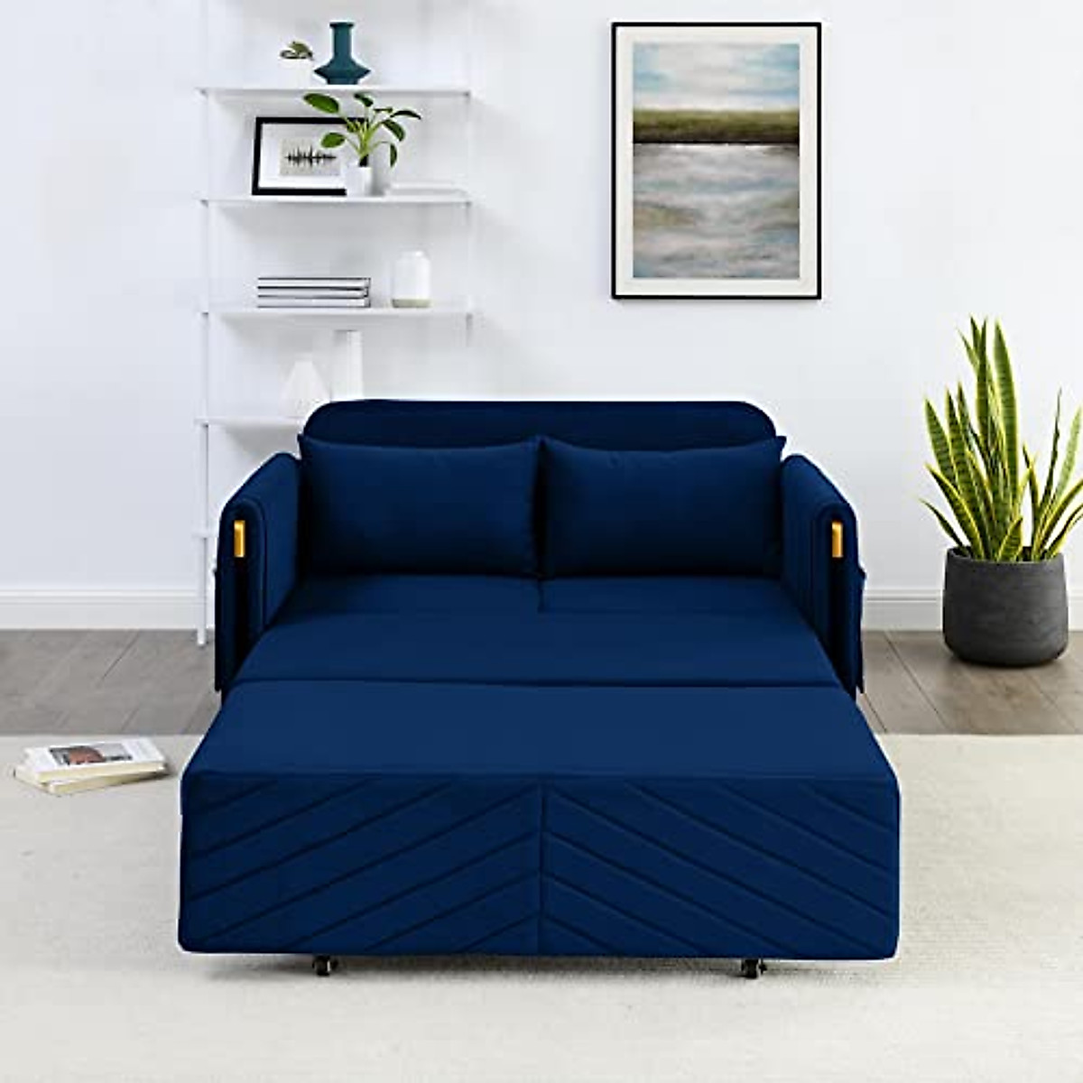 Xozor 54" Modern Convertible Sofa Bed - Adjustable Pull Out Couch Bed Sleeper Sofa,Velvet Loveseat with 2 Pillows and Side Pockets for Living Room, Office Or Bedroom, (Blue)