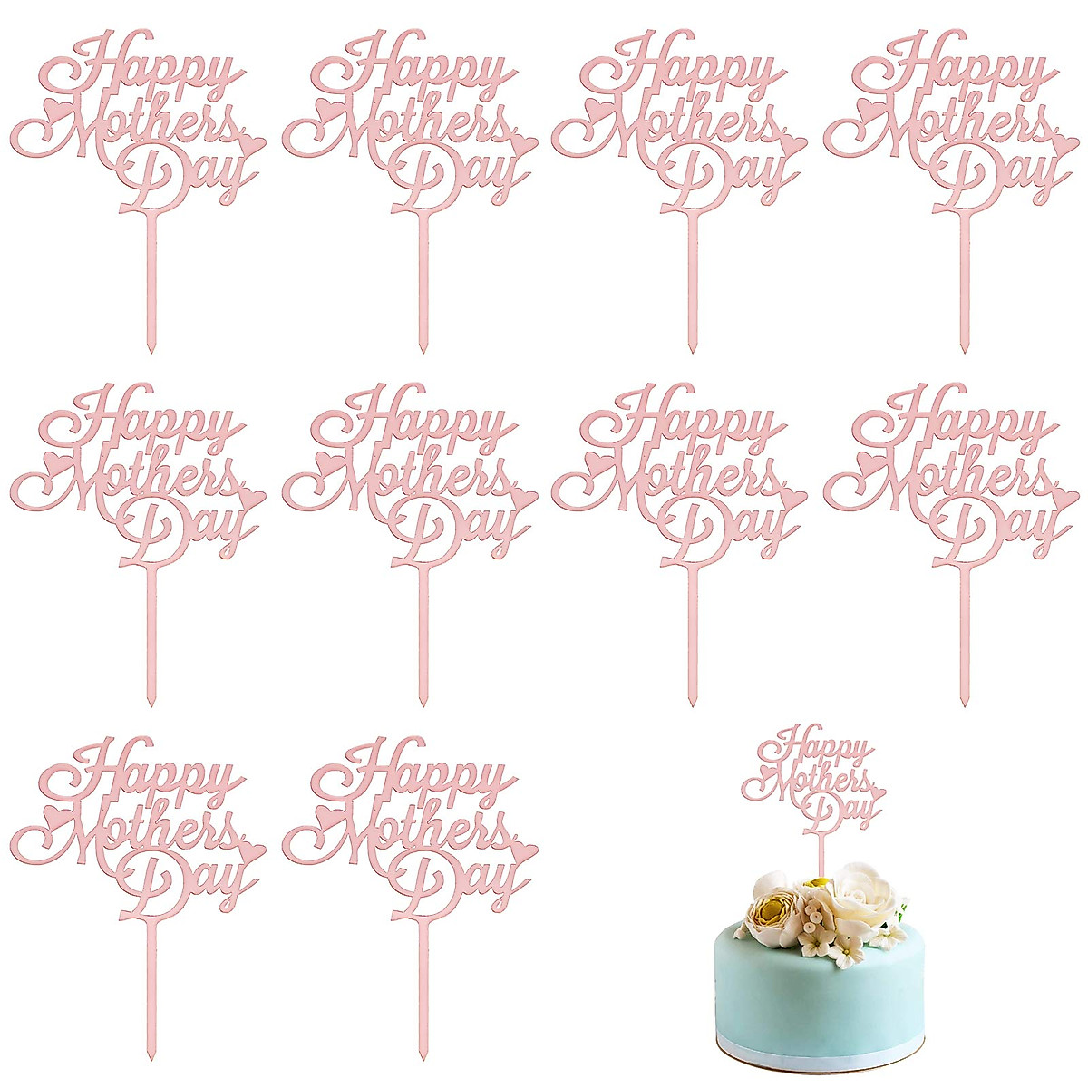 Mother's Day Cake Topper, 10pcs Acrylic Happy Mother's Day Cupcake Topper for Birthday Mother's Day Cake Party Decoration Supplies (Pink -1)