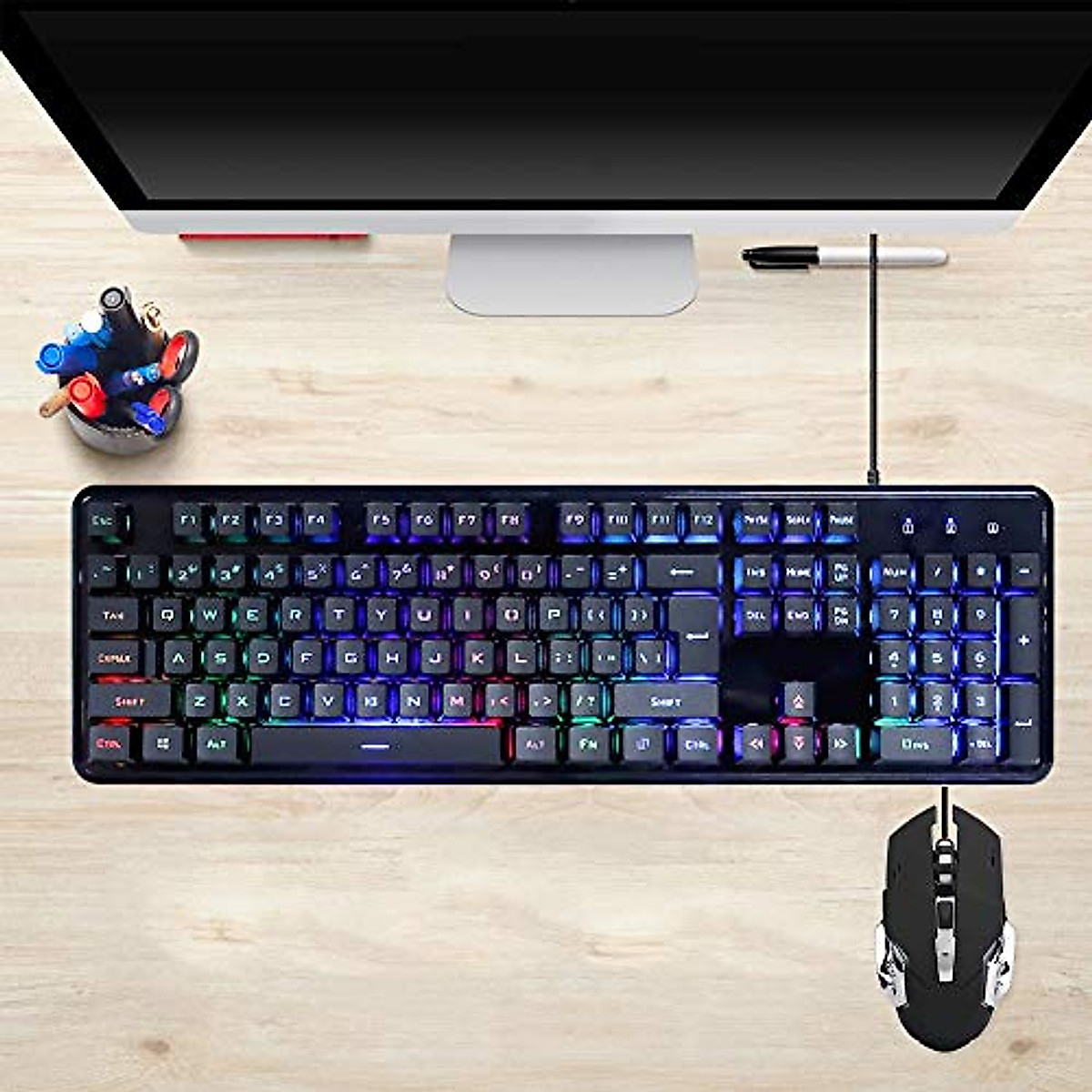 ASHATA Wired Keyboard and Mouse Combo,Portable Corded Gaming Keyboard and Mouse Set with Cool Lighting Effects,Support for Win7 / Win8 / Win10