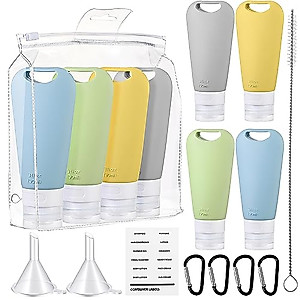 Sliner 4 Pieces Travel Bottles with Bag Labels Brush Hooks Funnel Silicone Refillable 3oz Travel Size Bottles Leak Proof Reusable Squeezable Empty Travel Containers for Toiletries Shampoo Conditioner