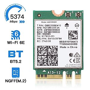 Wi-Fi 6E AX210NGW Wireless WiFi Card BT5.2 M.2 2230 Tri-Band Expands WiFi to 6GHz 160MHz 802.11ax ac MU-MIMO AX210 AX5400Mbps wifi 6E Network Card Better AX200NGW for PC Laptops Only for Windows 10 11