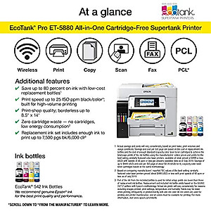 Epson EcoTank Pro ET-5880 Wireless Color All-in-One Supertank Printer with Scanner, Copier, Fax, Ethernet and PCL/Postscript, White