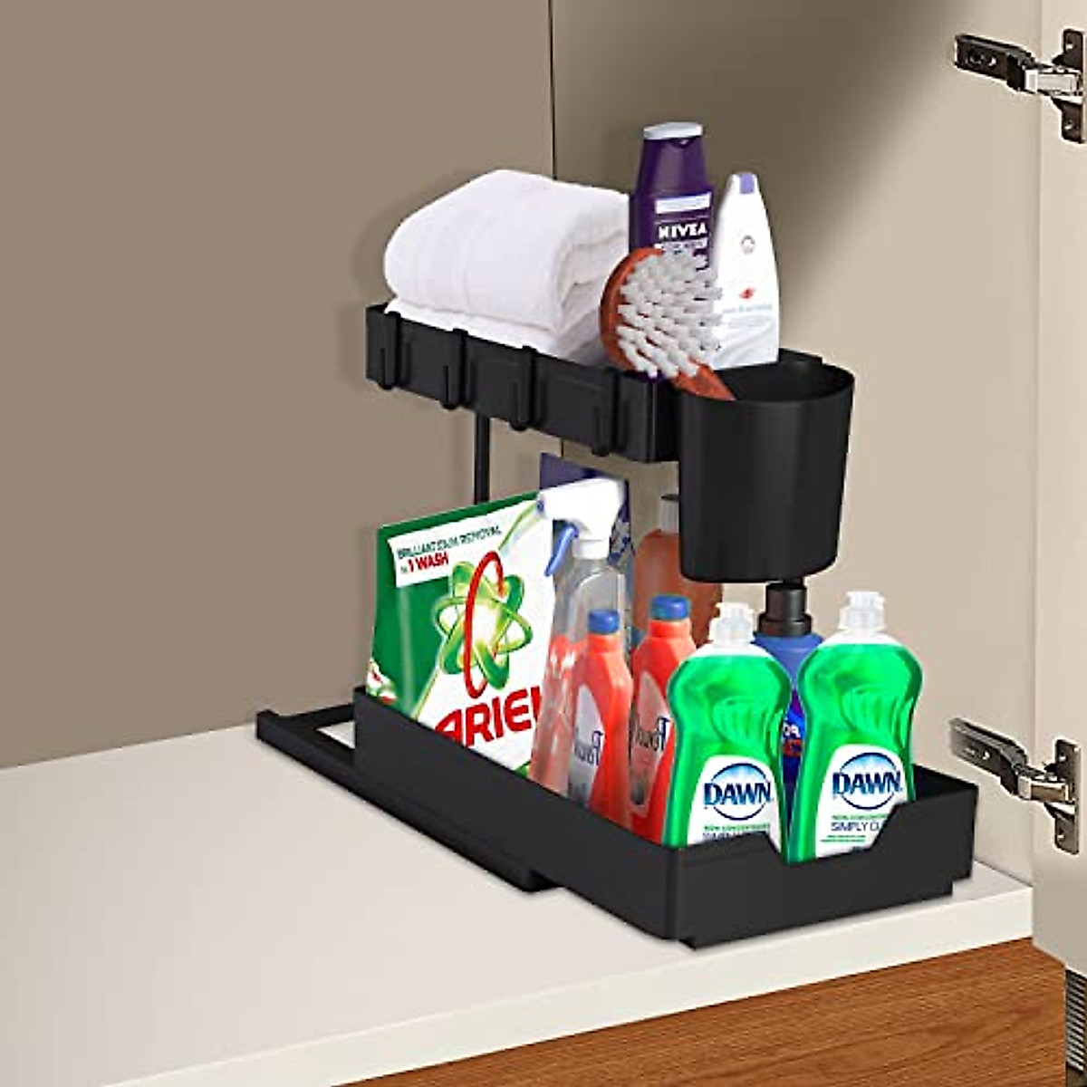 Karlsitek Under Sink Organizer,2-Tier Bathroom Organizer,L-Shape One Sliding Under Cabinet Storage Organizer with 1 Hanging Cup and 4 Hooks,Under Sink Organizers and Storage for Kitchen Bathroom