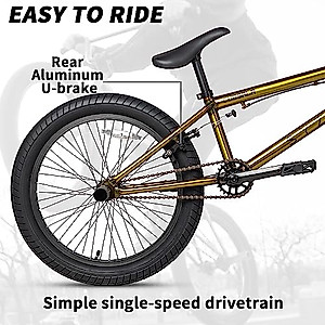 cubsala 20 Inch BMX Bike Freestyle Bicycles for 6 7 8 9 10 11 12 13 14 Years Old Boys and Beginner Riders, Gold with Black Tires