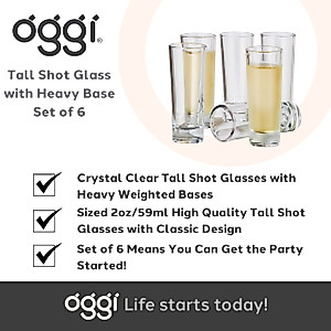 Oggi Tall Shot Glasses w/Heavy Base, Set 6 - Real Glass Shot Glass Set, Cool & Classic Design Ideal Groomsmen Gifts, Tequila Shot Glasses, Bachelor Party Favors for Men - 2oz / 59ml