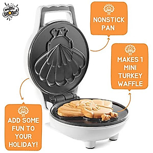 Thanksgiving Turkey Mini Waffle Maker - Make Holiday Breakfast Special for Kids & Adults w/ Cute Design, 4" Waffler Iron Electric Nonstick Appliance - Fun & Festive, Fall Gift, Recipes Included
