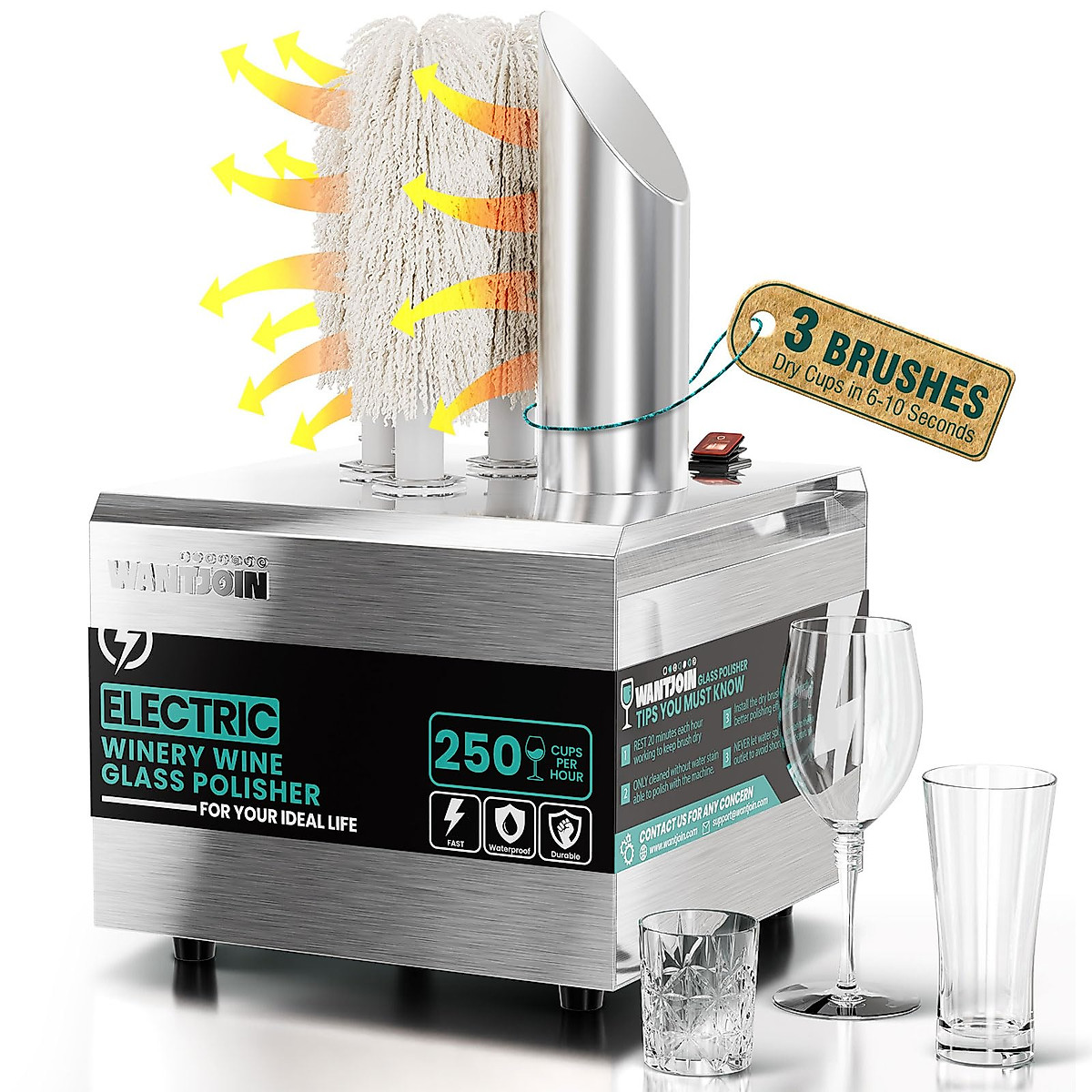 WantJoin Wine Glass Polisher Machine - 3 Brushes 250 Cups/Hour Commercial Electric Automatic Dryer with 304 Stainless Steel, 100% Cotton, 1150W High Power, 140°F Air Drying for Bar Restaurant Kitchen