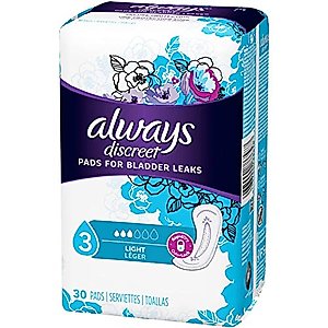 Always Discreet, Incontinence Light Pads, 3 Drops, 30 Pads each (Value Pack of 6)