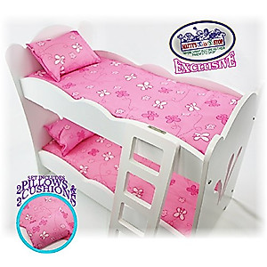 Matty's Toy Stop 18 Inch Doll Furniture White Wooden Bunk Beds with 2 Pink Pillows, 2 Pink Cushions & Ladder - Fits American Girl Dolls