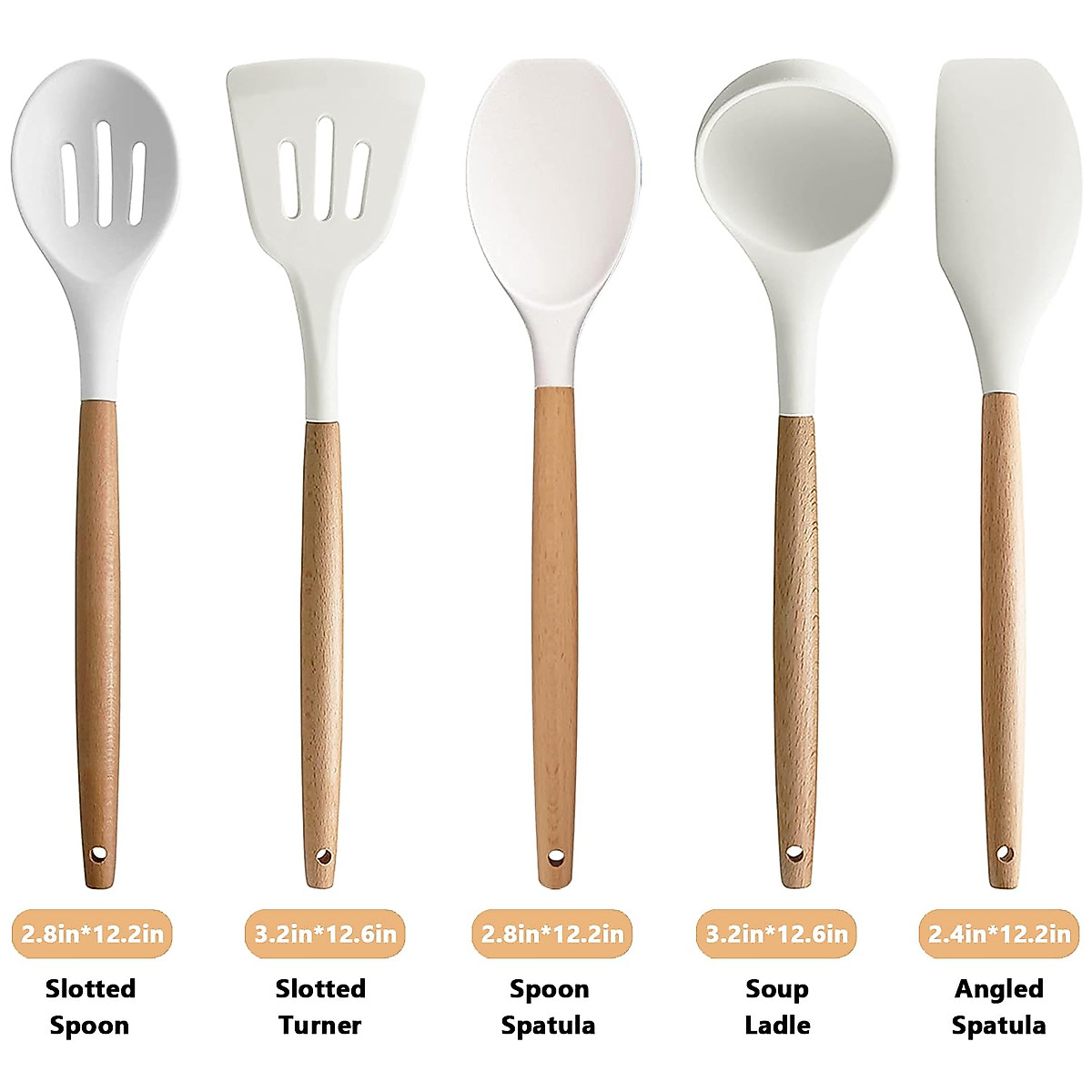 IOCBYHZ Silicone Kitchen Utensils Set of 5, Cooking Utensils Set with Heat Resistant Wooden Handle Non-Stick Silicone Spatula Spoon Turner Ladle Set, BPA FREE Kitchen Gadgets Utensil Set for Cookware