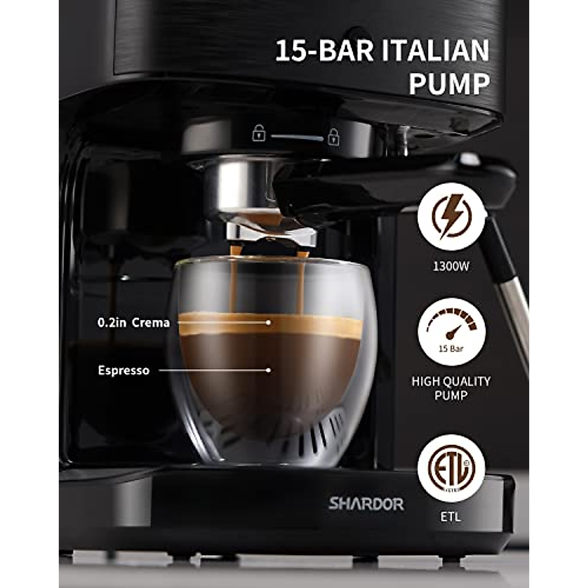 SHARDOR Espresso Machine, Automatic Latte & Cappuccino Maker, 15 Bar Pump Pressure Espresso Coffee Maker with Milk Frother Steam Wand, 1300W, Black