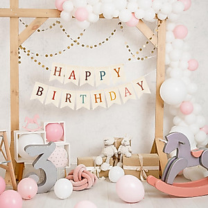 Doumeny Happy Birthday Burlap Banner Boho Birthday Garland Banner Bohemian Birthday Party Banner Rustic White Birthday Bunting Garland Rainbow Birthday Banner for Women Men Birthday Kid Photo Backdrop