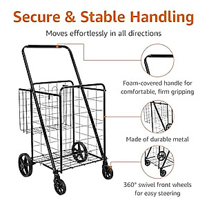 Amazon Basics Foldable Shopping Utility Cart with 360-Degree Wheels, X-Large, Black