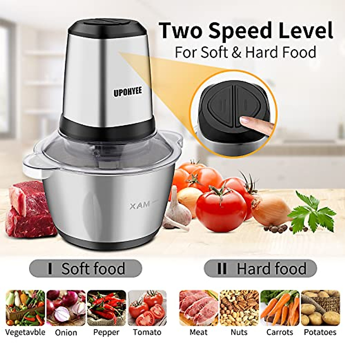 Meat Grinder Electric 2L Capacity 8 Cups Food Processor with Stainless Steel Bowl and 4 Large Sharp Blades Food Chopper Electric 2 Rotating Speed Levels with Spatula for Meat Vegetables Fruits Nuts