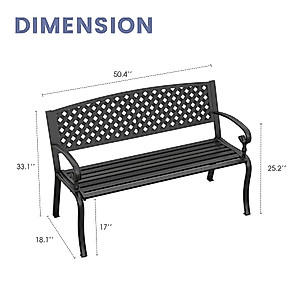 VICLLAX Outdoor Garden Bench, 50” Long Metal Patio Bench with Backrest and Armrests, Modern Slatted Black Park Bench for Front Porch, Lawn, Yard, Garden, Crossed Rhombic Back