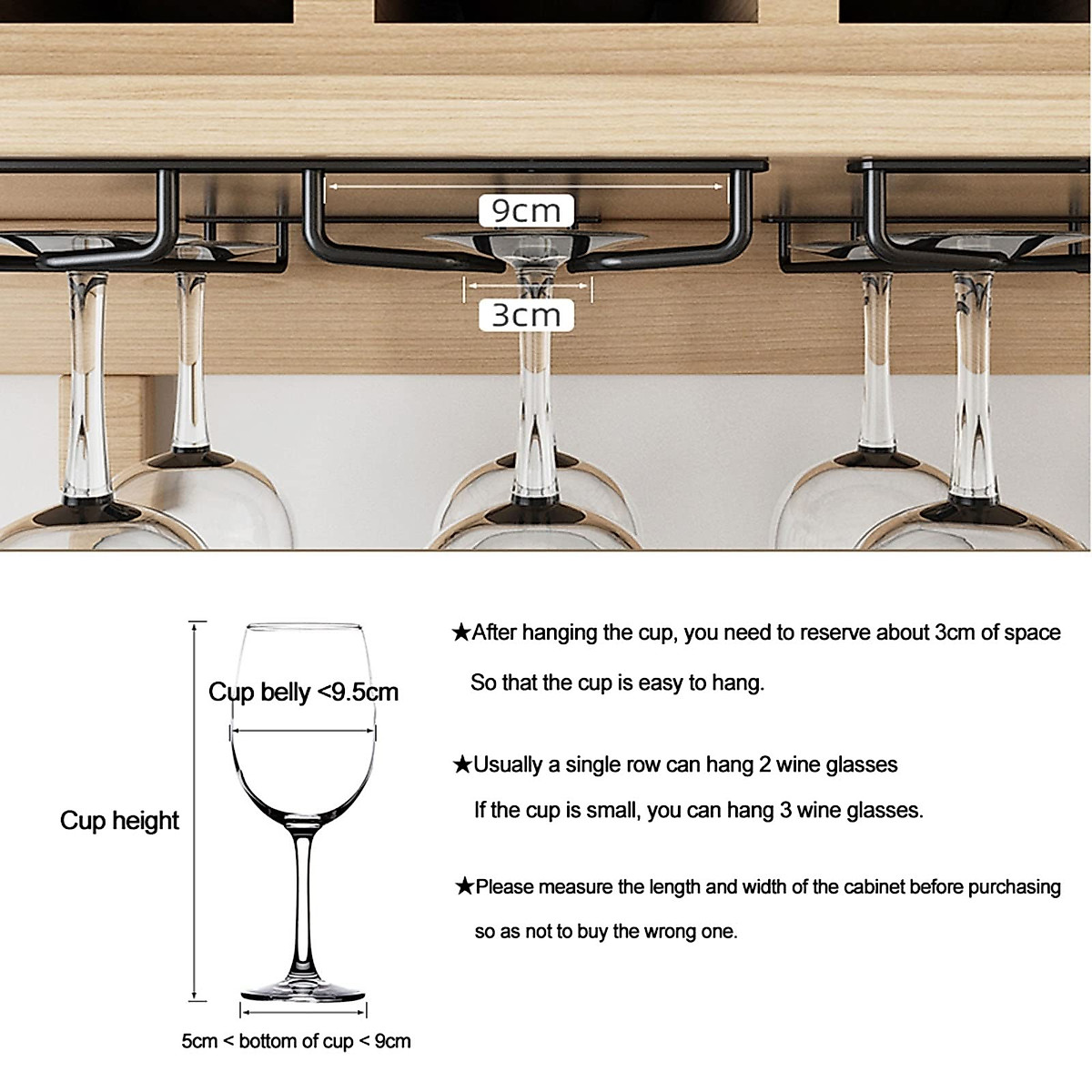 Under Cabinet 2/3/4 Row Wine Glass Holder, Stemware Holder Stand, Hanging Champagne Goblets Holders, Wine Glass Drying Rack, Wine Cup Display Stand, Holds Up To 12 Glasses (Size : 4Row)